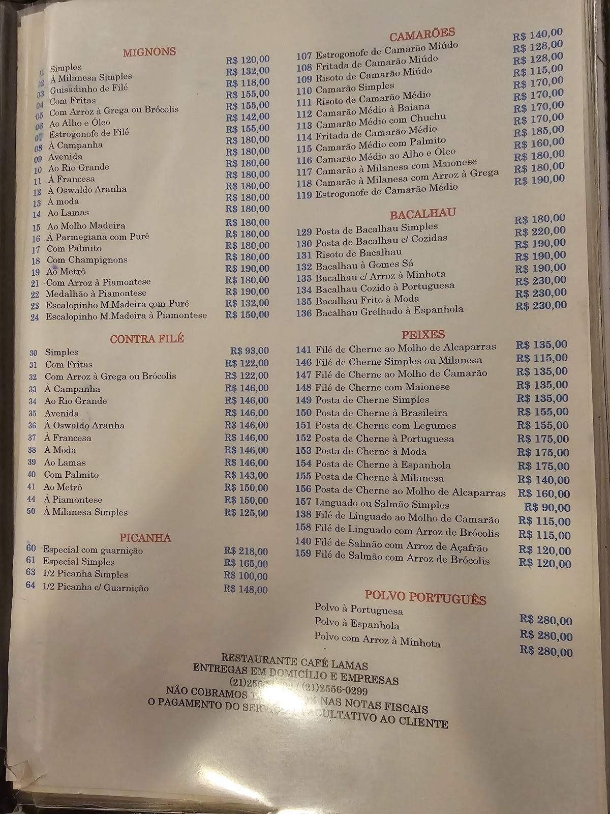 Menu em Café Lamas, Rio de Janeiro, R Marquês de Abrantes 18