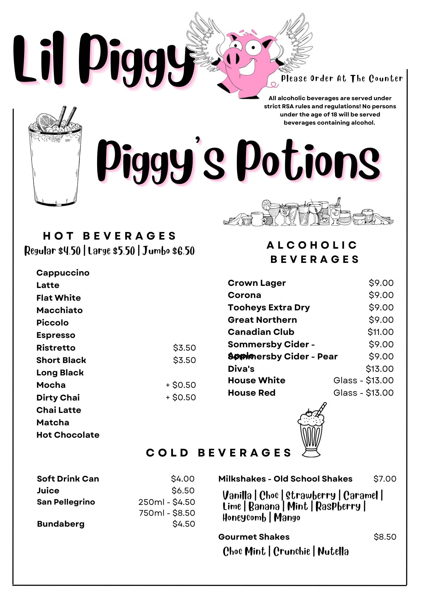 Menu at Lil Piggy cafe, Mittagong