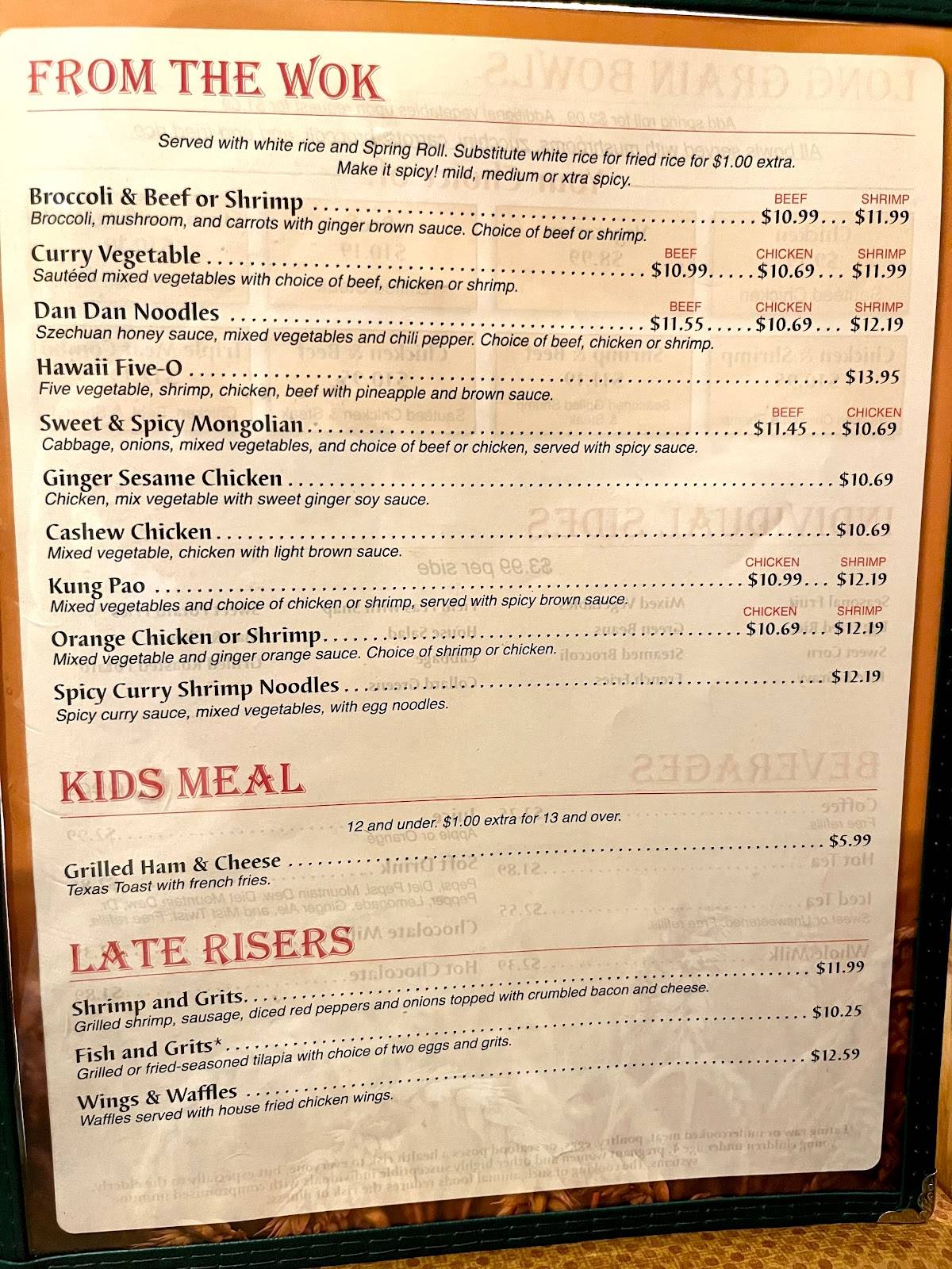 Menu at Long Grain Cafe, Florence