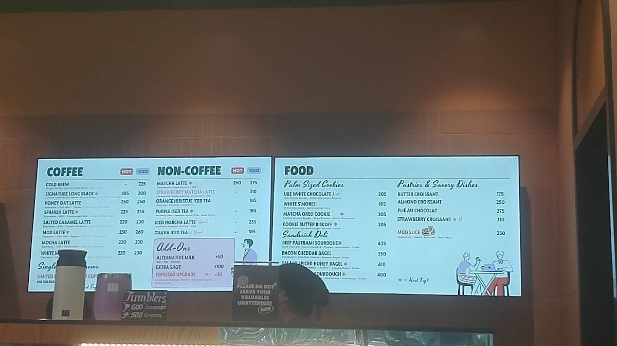 Menu at MOD Coffee cafe, Makati