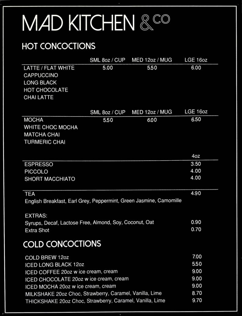Menu at Mad Kitchen & Co cafe, Herston