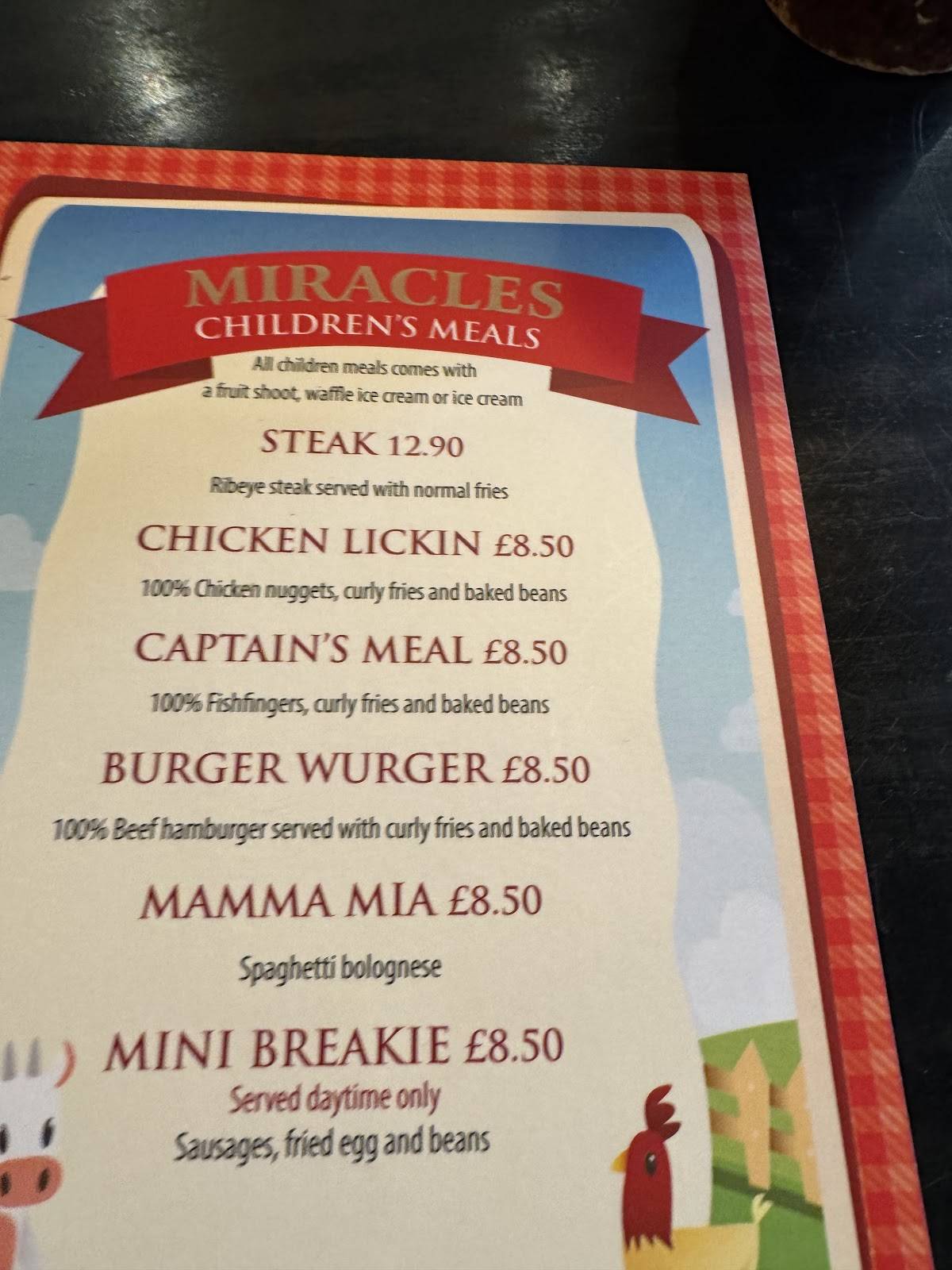 Menu at Miracles cafe, London