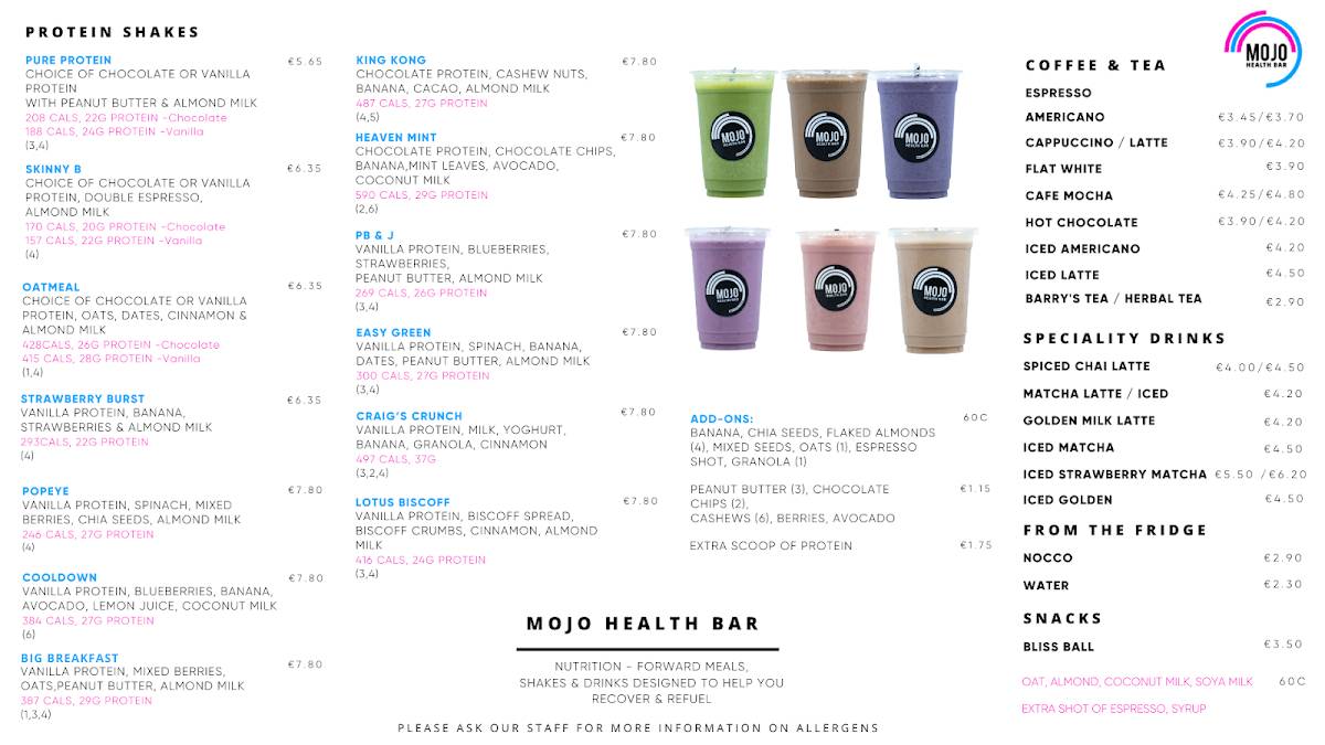 Menu at Mojo Health Bar, Dublin