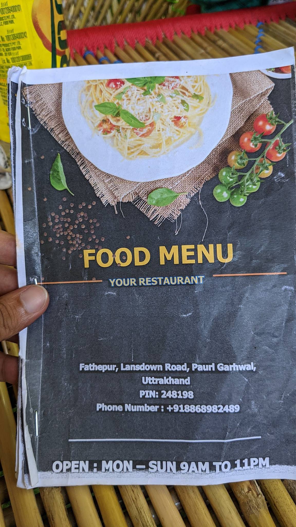 Menu at Musafir Cafe, India, Fathepur
