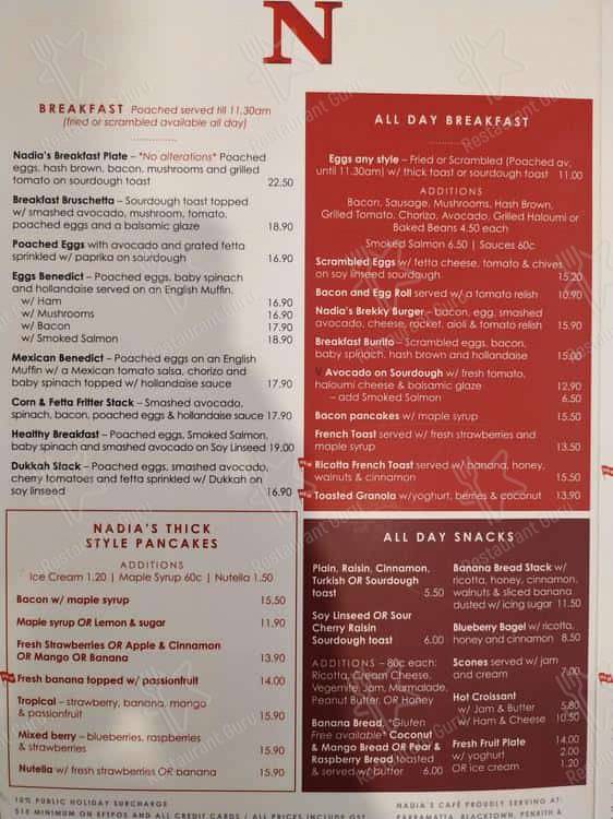 Menu at Nadia’s Cafe Blacktown, Blacktown