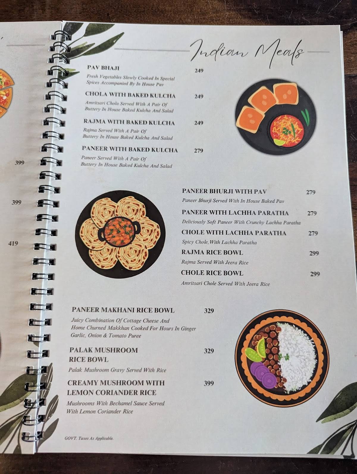 Menu at Café Nadora, Bhopal