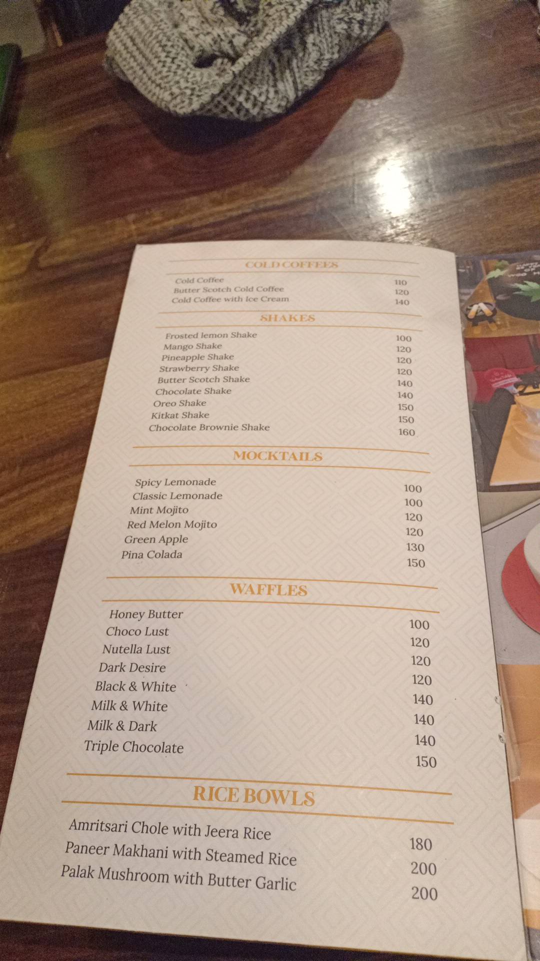 Menu at Café Nadora, Bhopal