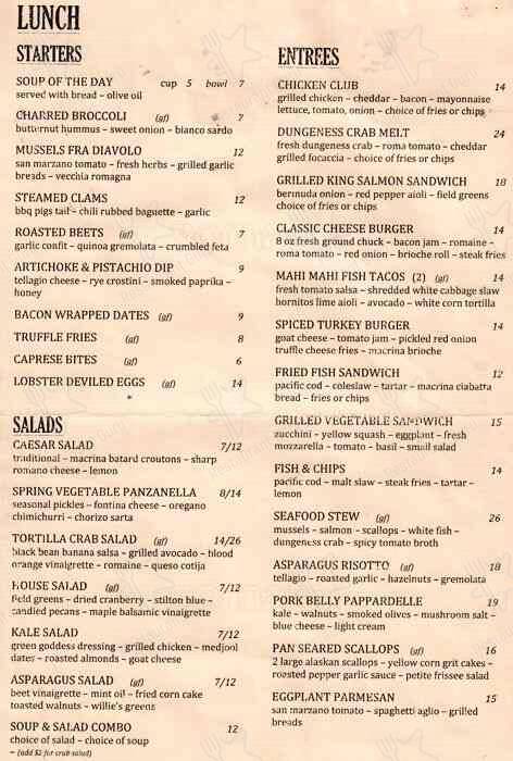 Menu at Cafe Nola, Bainbridge Island, 101 Winslow Way E
