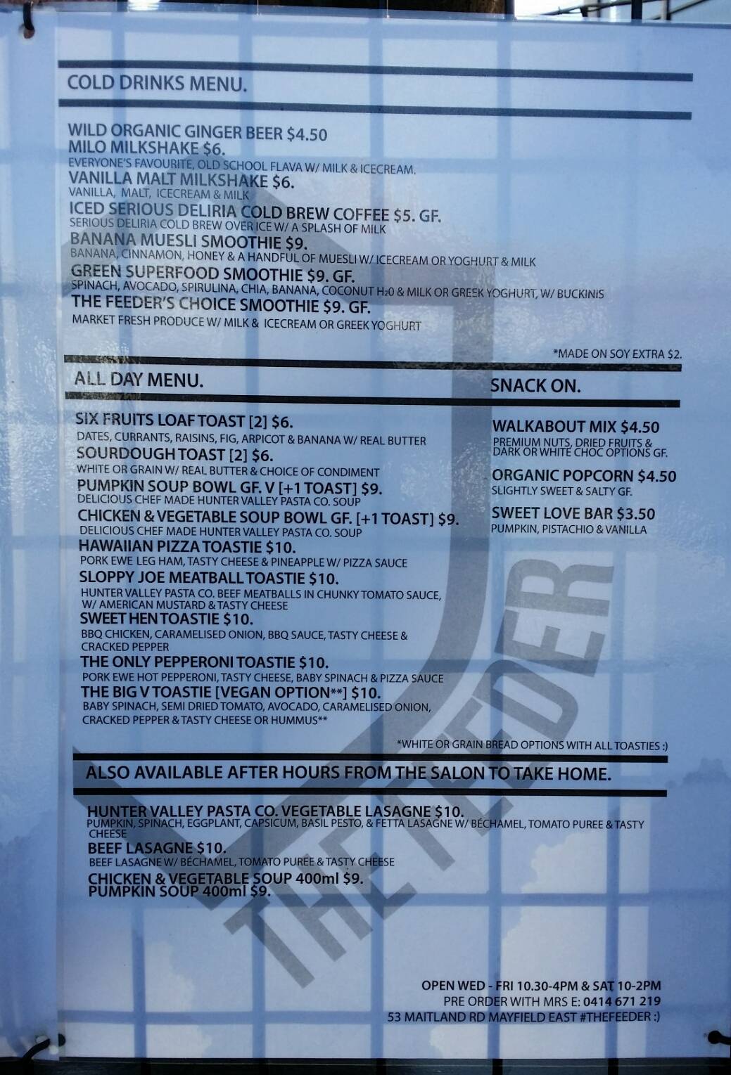Menu at PERRY THE FEEDER cafe, Mayfield East, 53 Maitland Rd