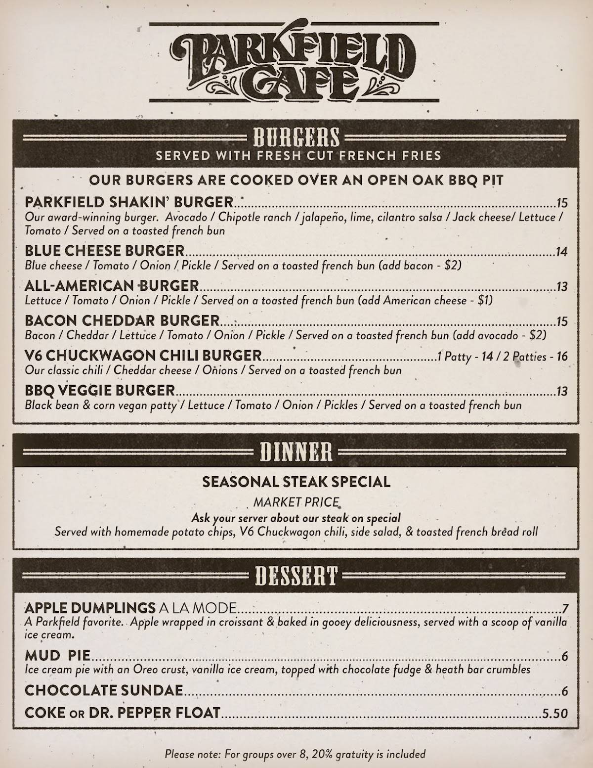 Menu at Parkfield Cafe, Parkfield