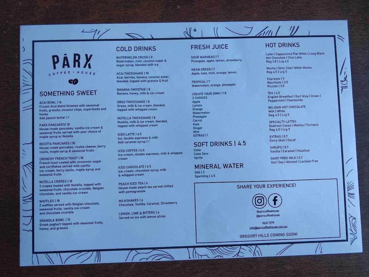 Menu at Parx Coffee House Abbotsbury, Abbotsbury