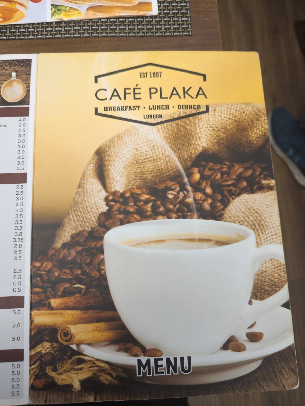 Menu at Cafe Plaka, London