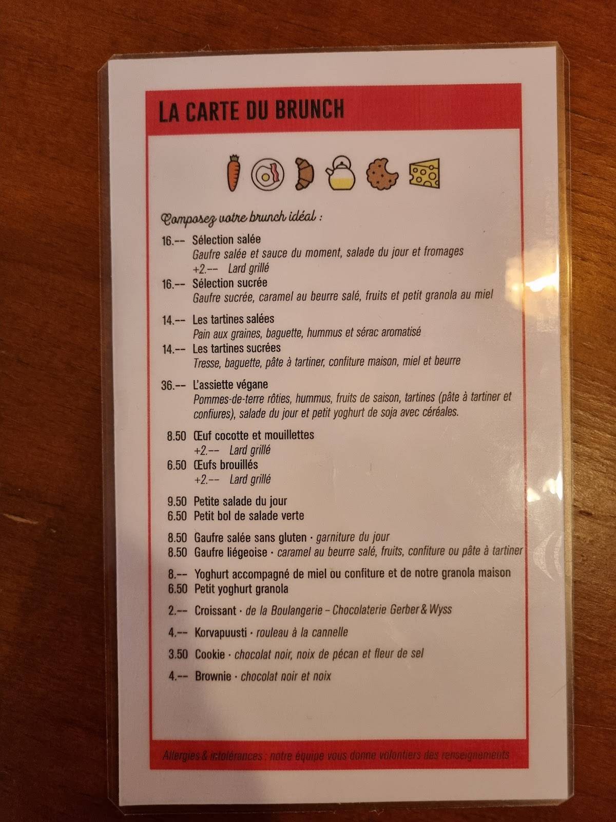 Menu au Café Primeur, Yverdon-les-Bains