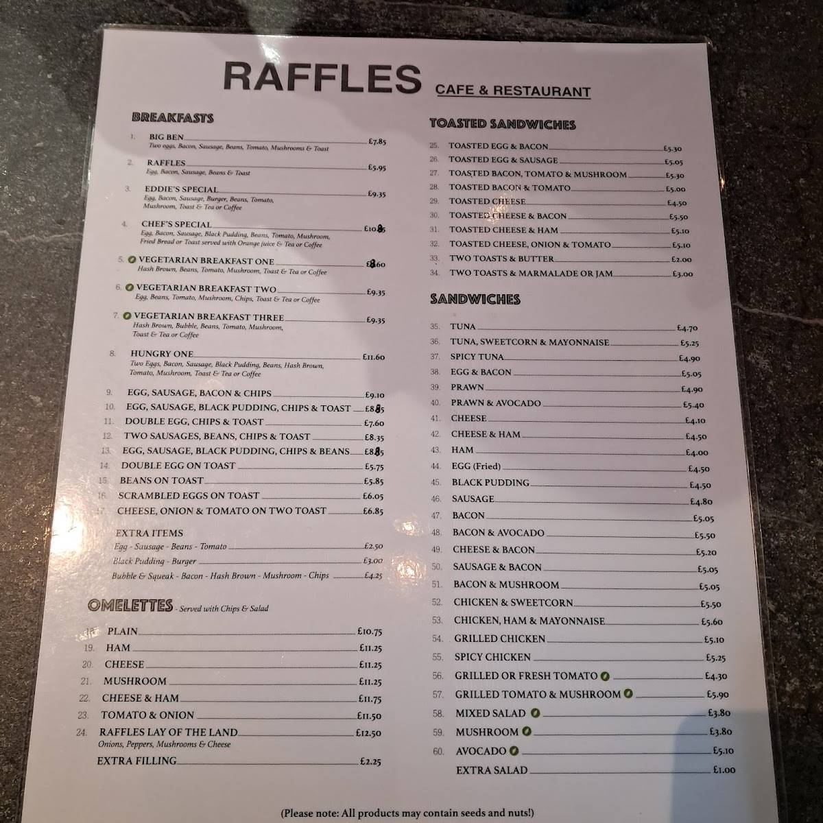 Menu at Raffles cafe, London, 13 Craven Rd