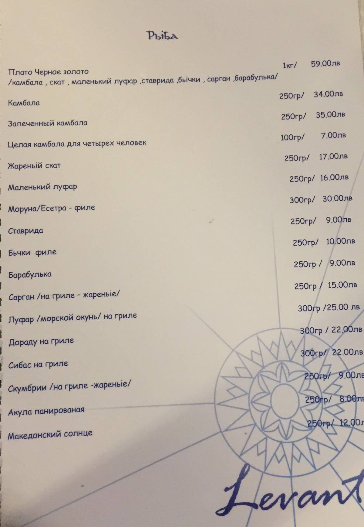 Menu at Restaurant Levant, Ravda