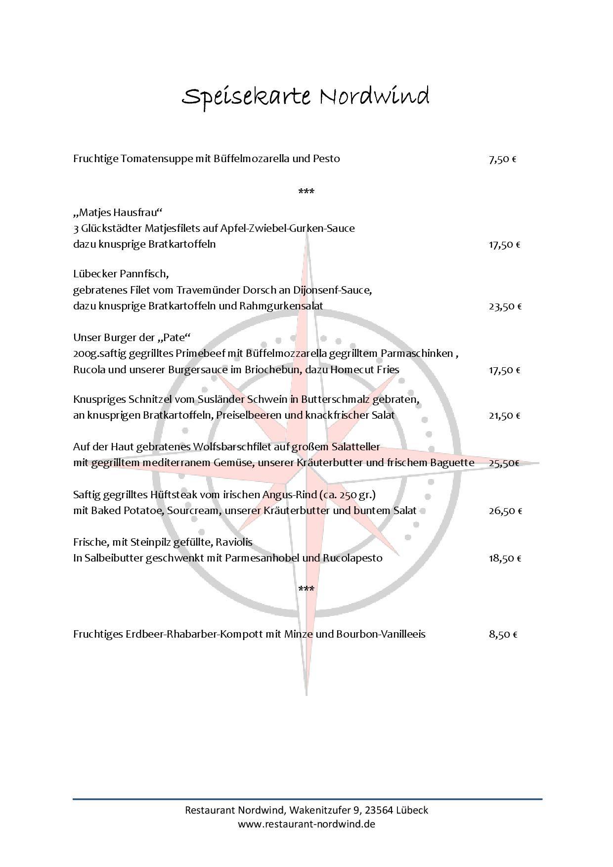 Speisekarte von Restaurant Nordwind, Lübeck