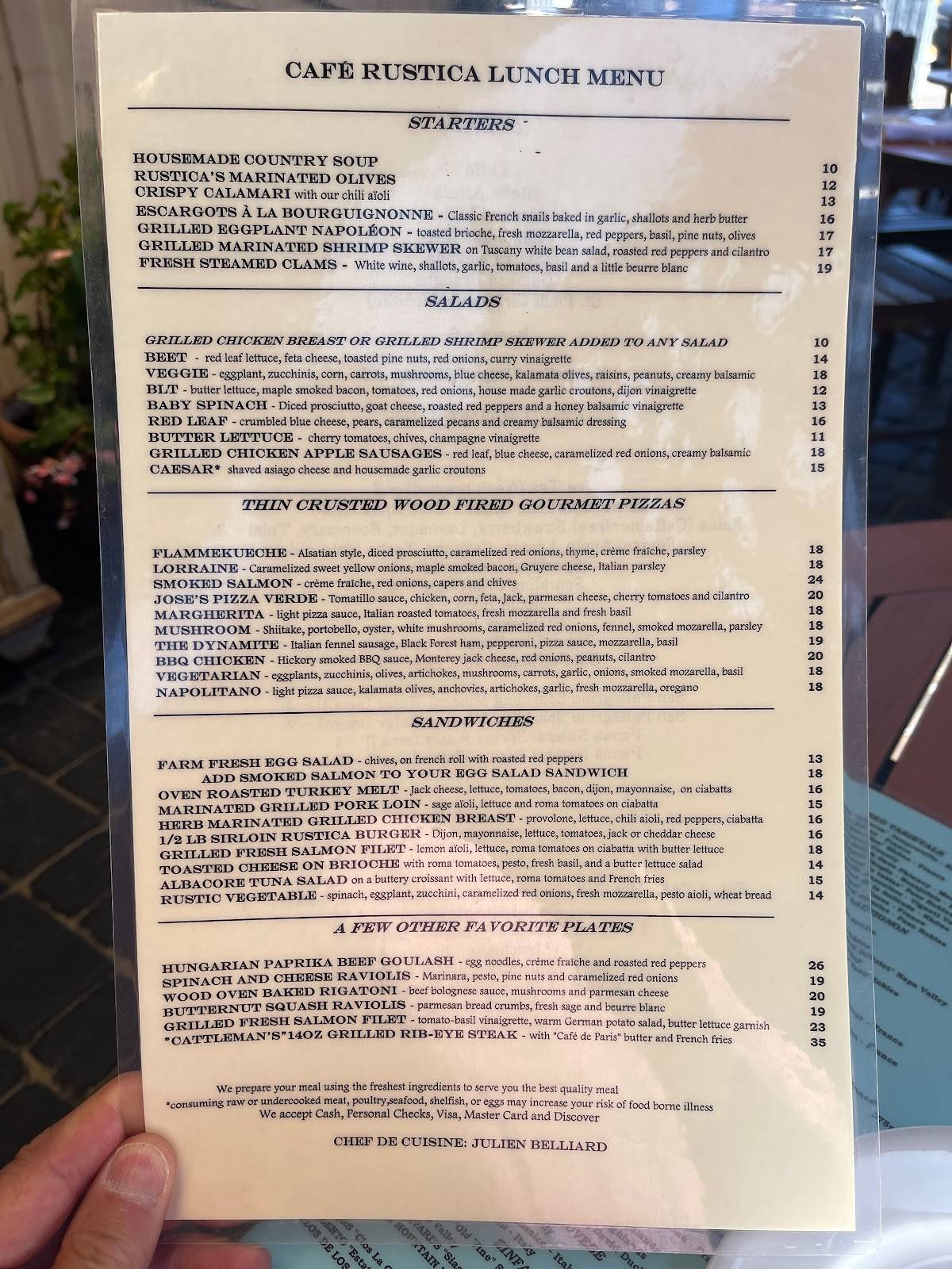 Menu at Café Rustica restaurant, Carmel Valley