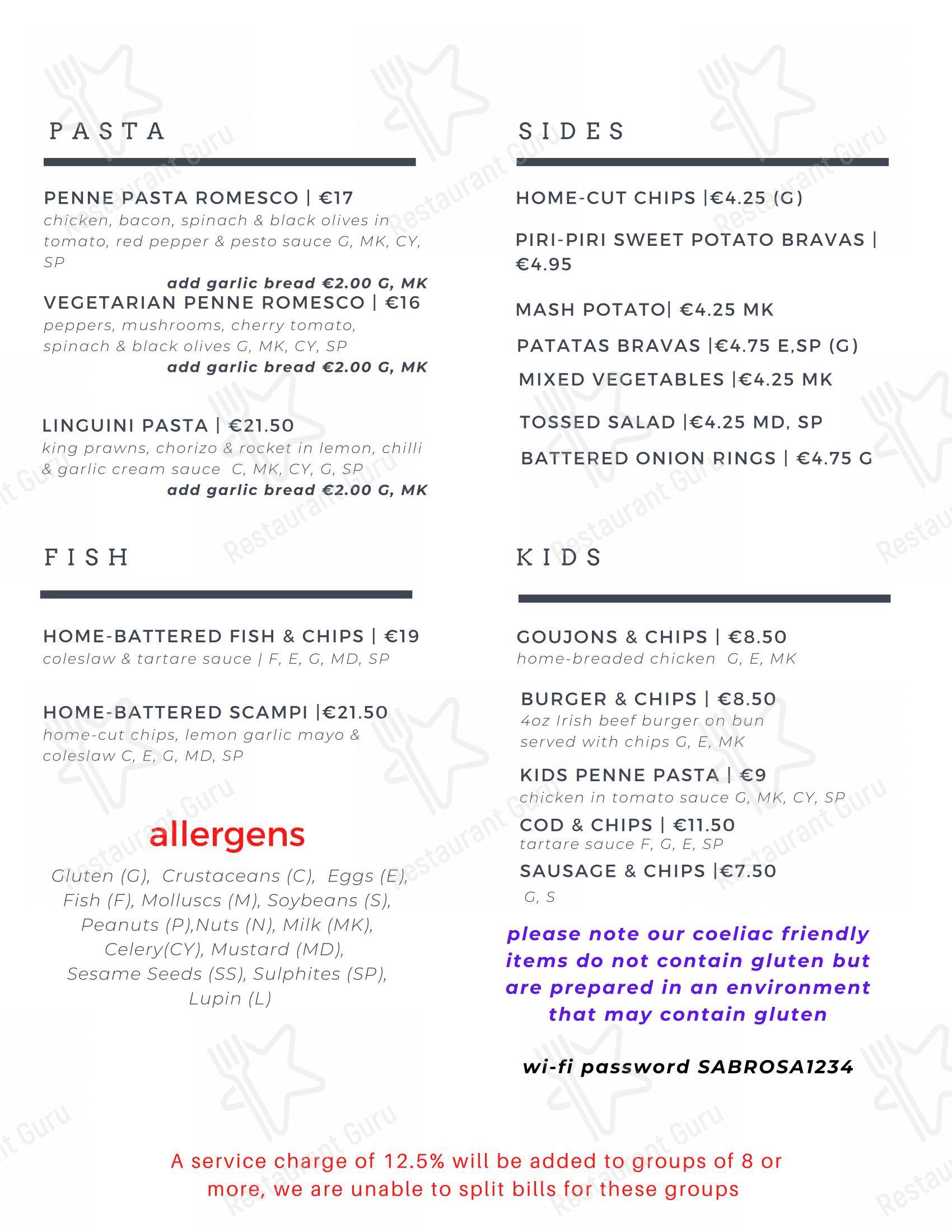 Menu at Cafe Sabrosa, Athboy