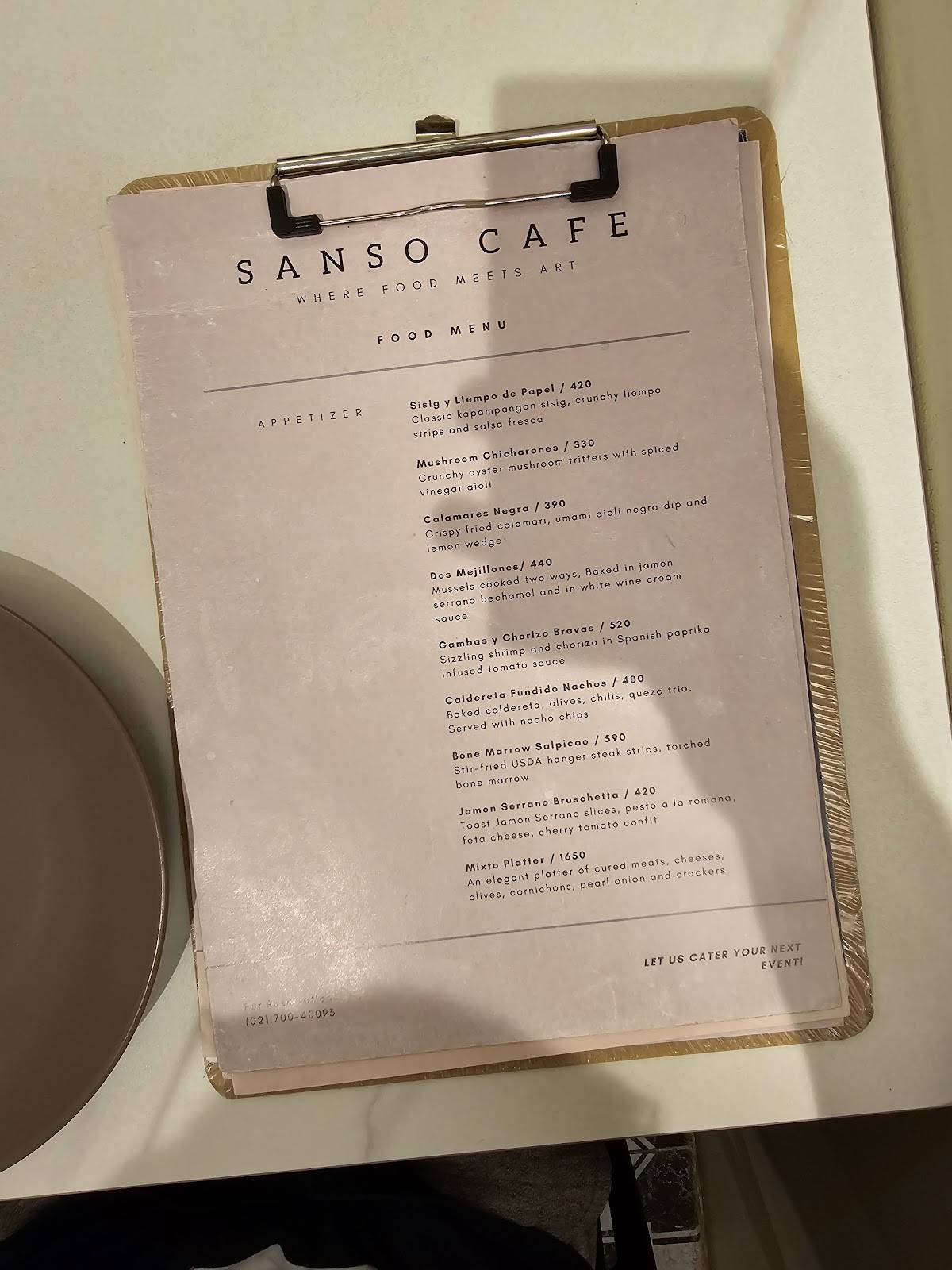 Menu at Cafe Sanso, San Juan, 32 V. Cruz