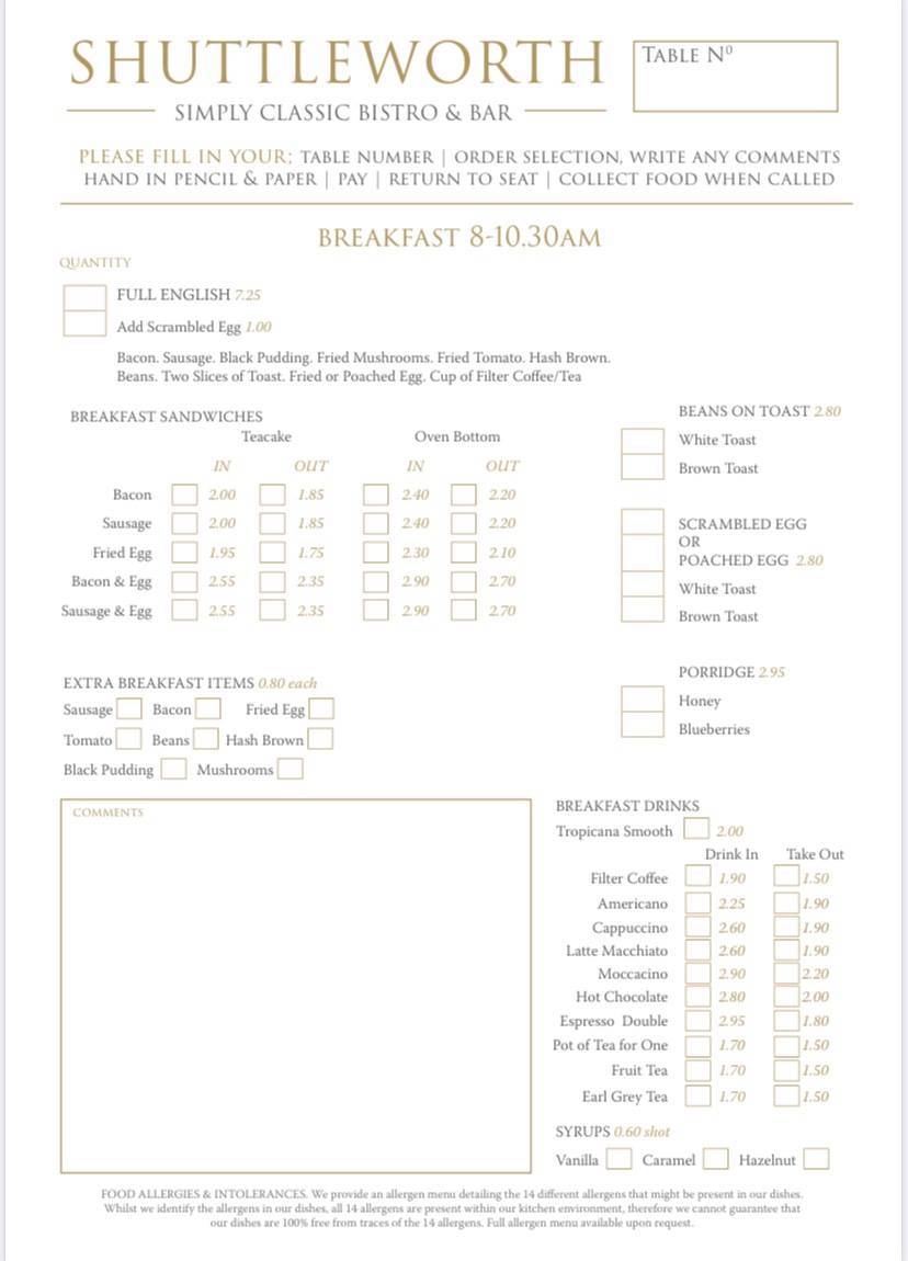 Menu at Simply Classic cafe, Burnley, 9b Meadway