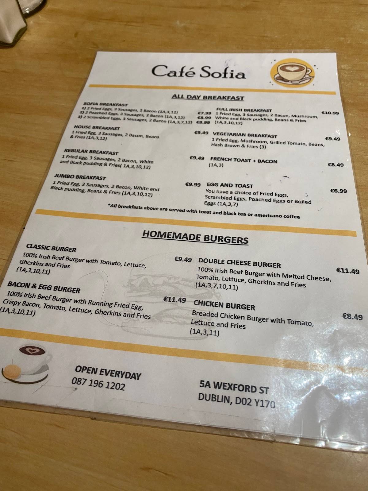 Menu at Cafe Sofia, Dublin