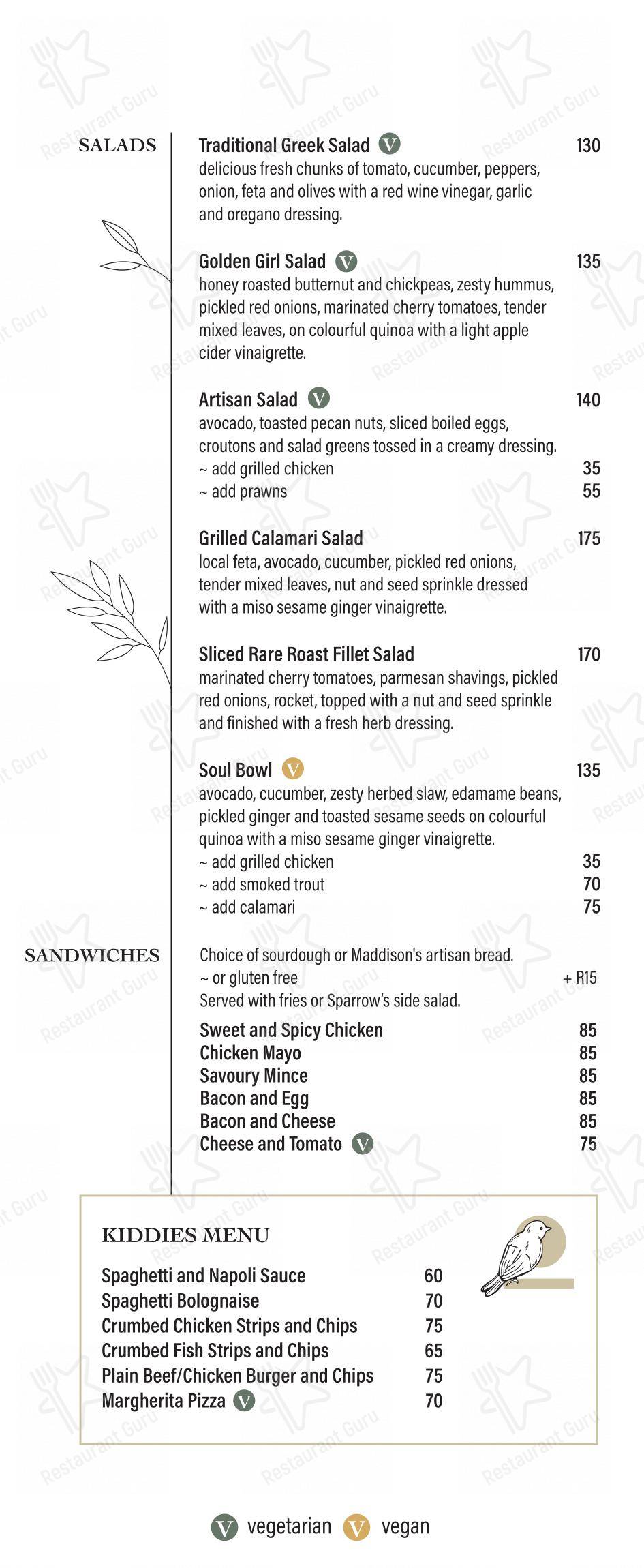 Menu at Café Sparrow restaurant, Outer West Durban