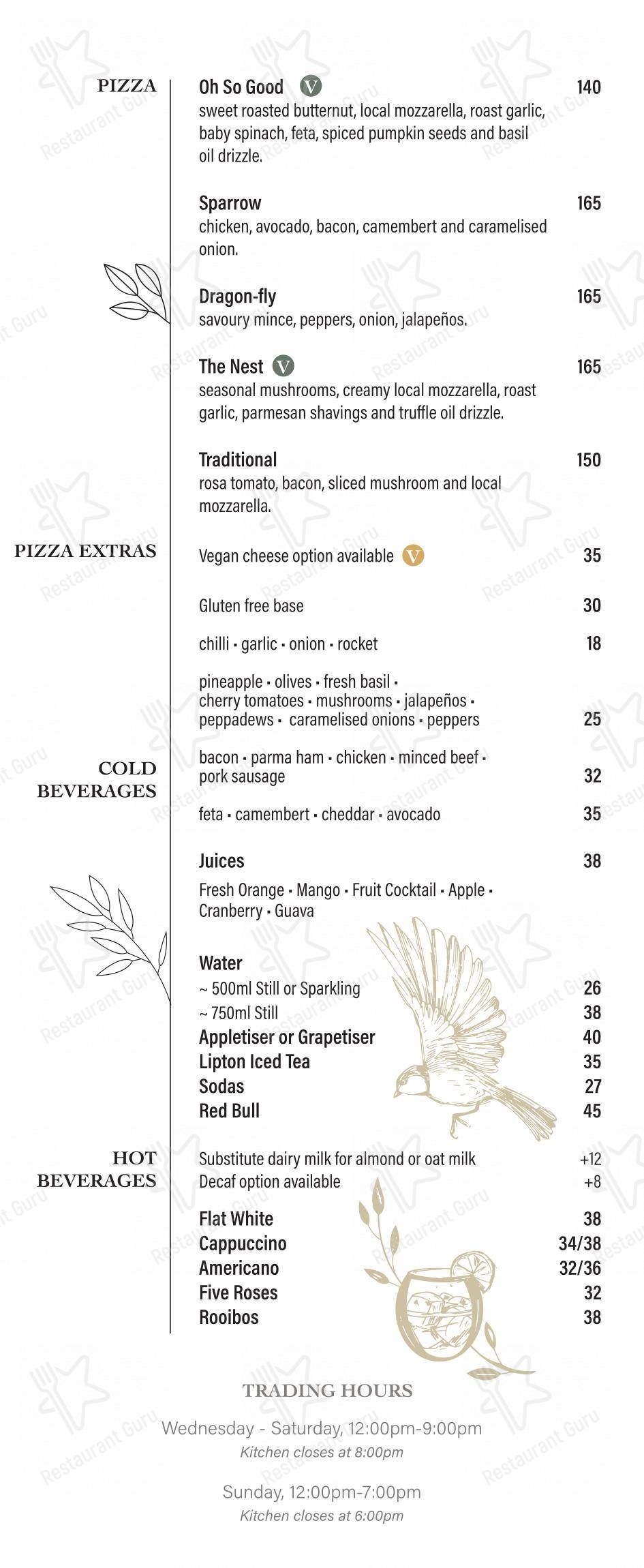 Menu at Café Sparrow restaurant, Outer West Durban