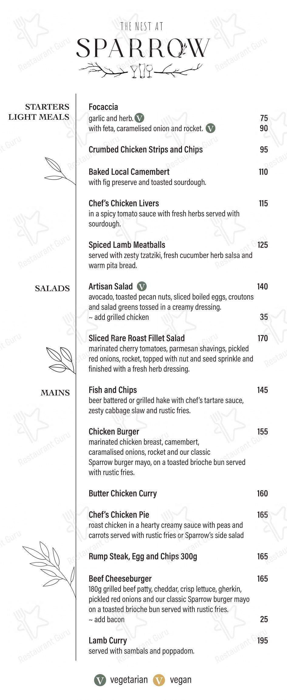 Menu at Café Sparrow restaurant, Outer West Durban