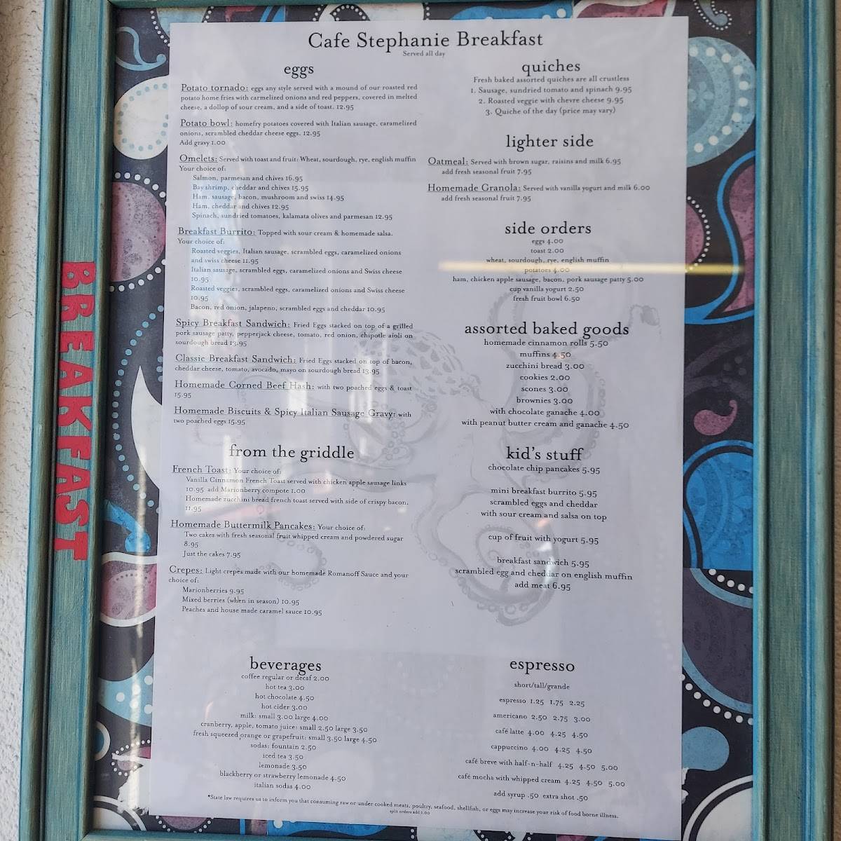 Menu at Cafe Stephanie, Newport
