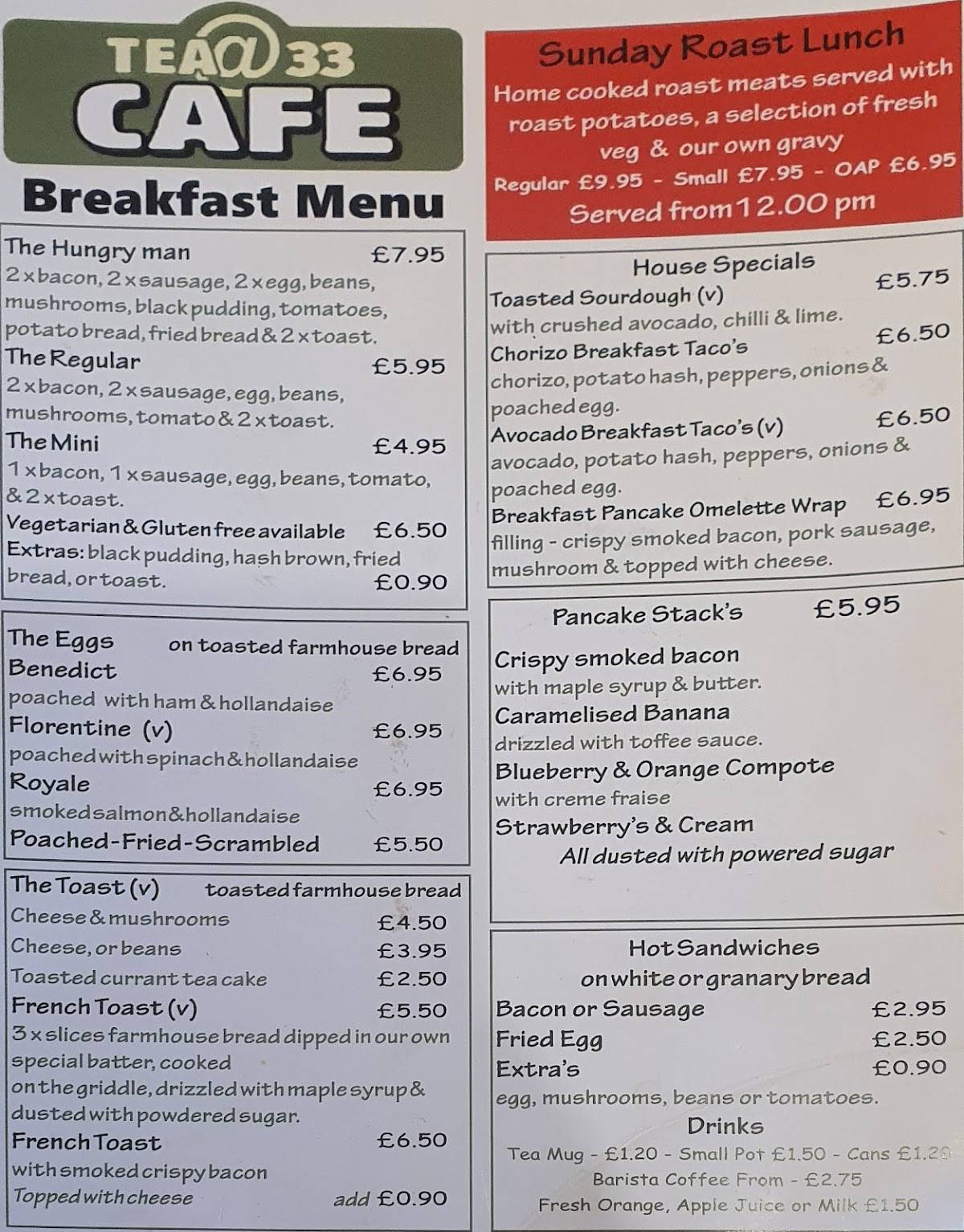 Menu at Tea @ 33 cafe, Bridlington