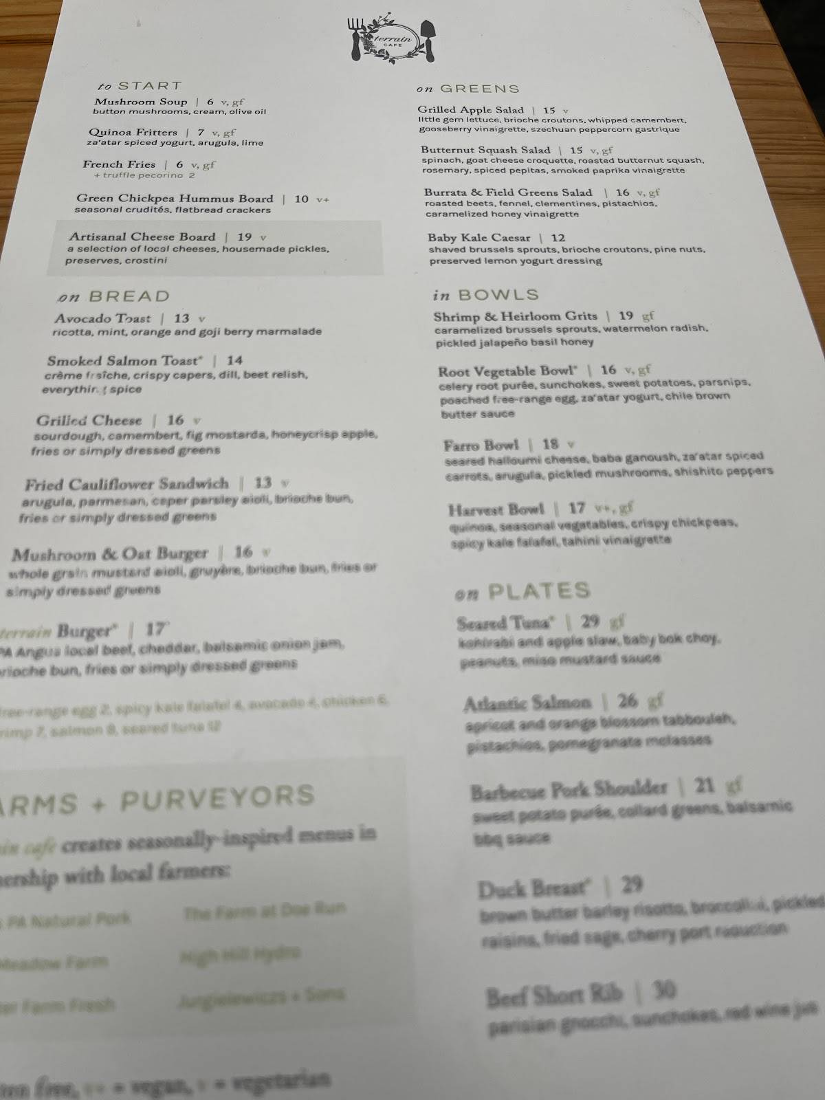 Menu at Terrain Cafe, Glen Mills