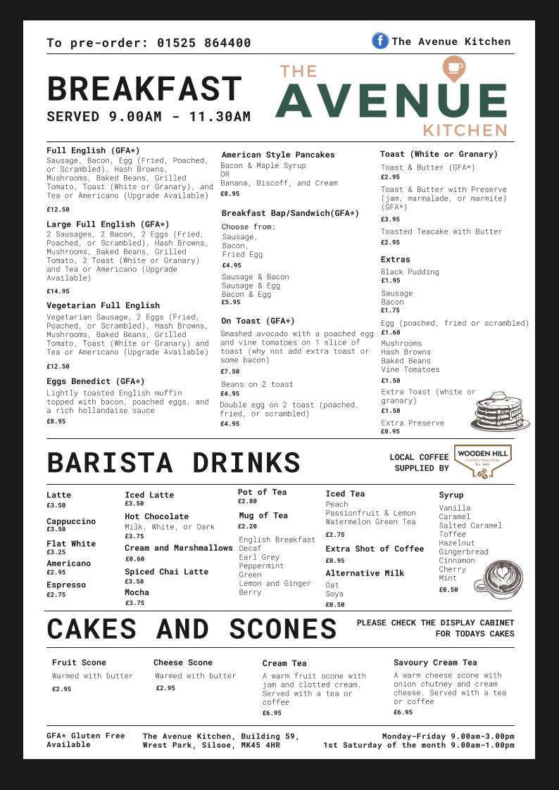 Menu at The Avenue Kitchen cafe, Silsoe