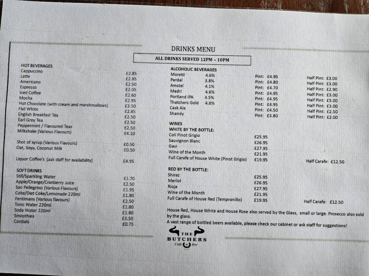 Menu at The Butchers cafe bar, Liverpool