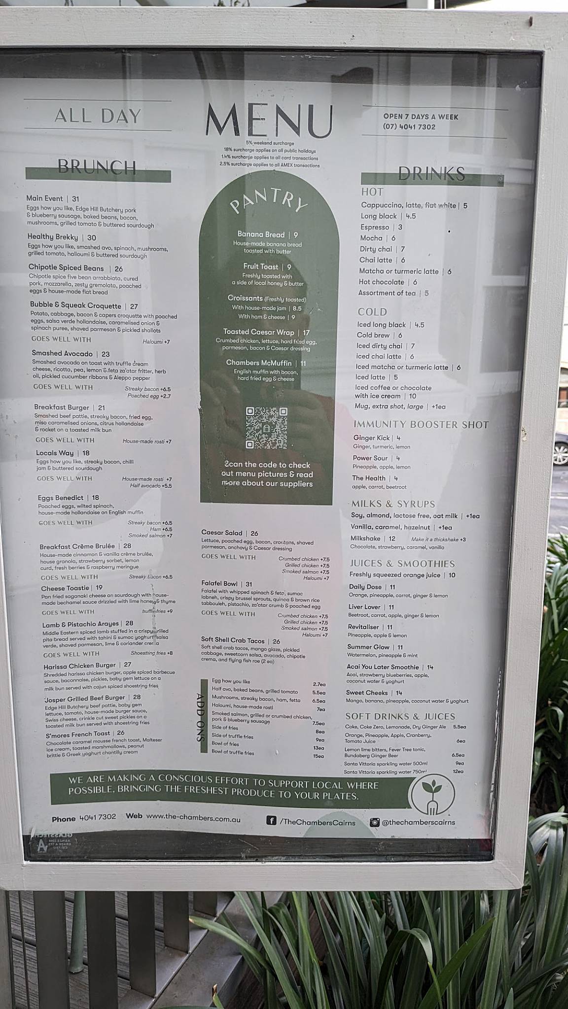 Menu at The Chambers cafe, Cairns City, 21 Spence St