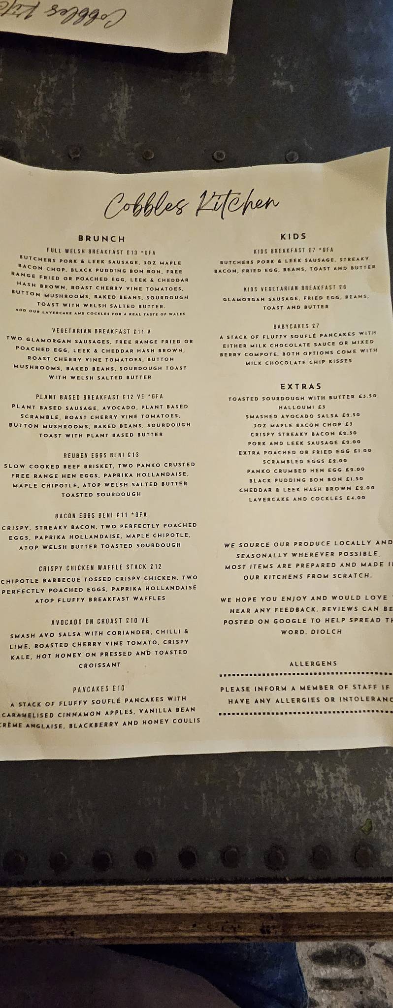 Menu at The Cobbles Collective cafe, Bridgend