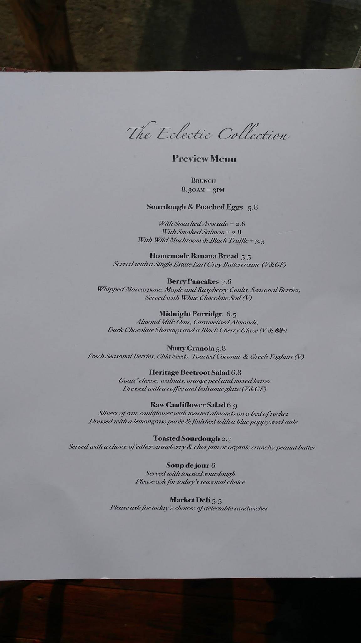 Menu at The Eclectic Collection cafe, London