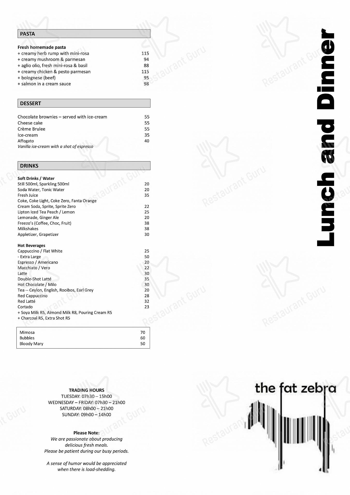 Menu at The Fat Zebra Linden cafe, Randburg, 71 7th St