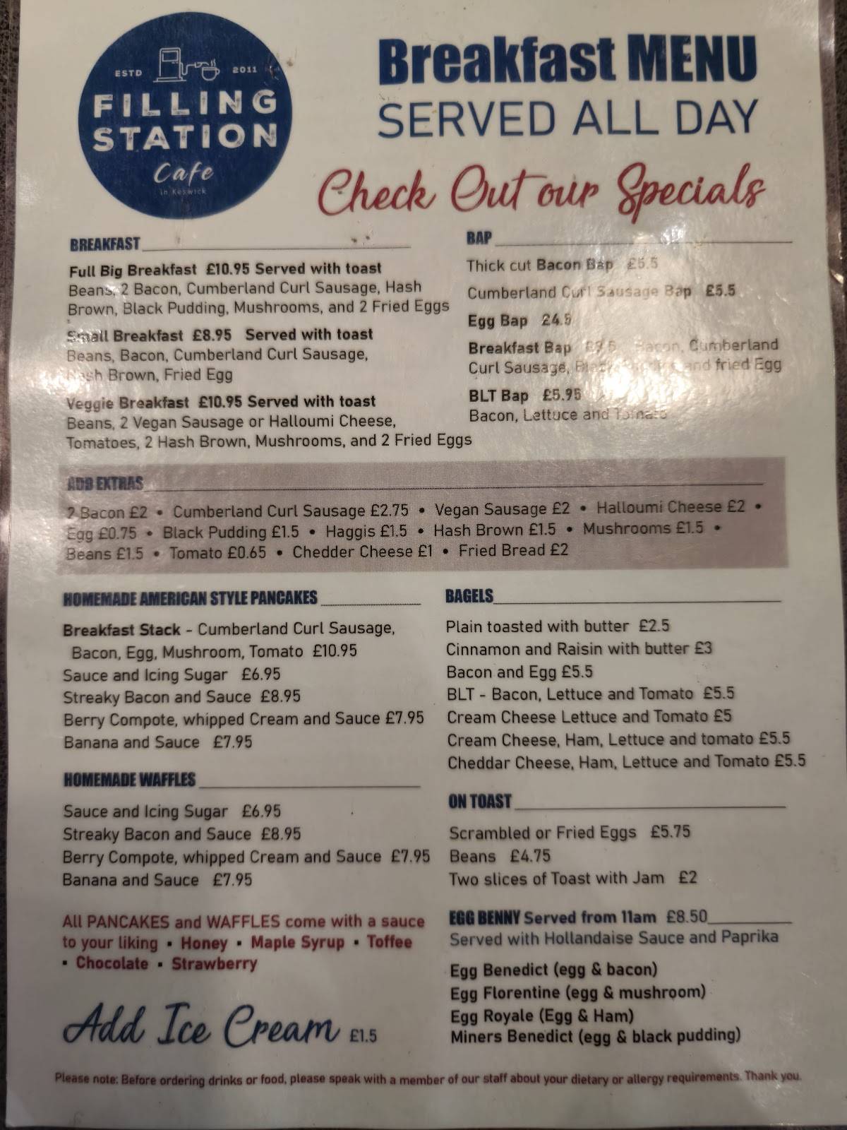 Menu at The Filling Station Cafe, Keswick