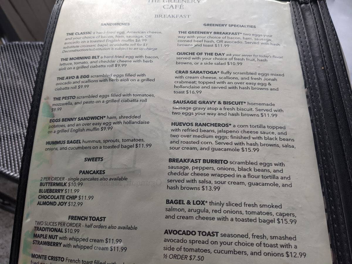Menu at The Greenery Cafe, Ogunquit
