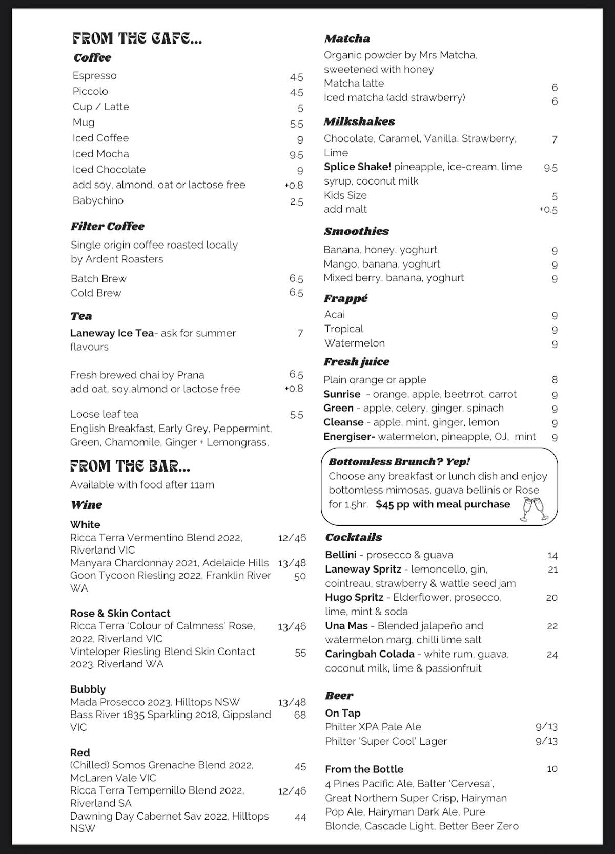 Menu at The Laneway cafe, Caringbah South