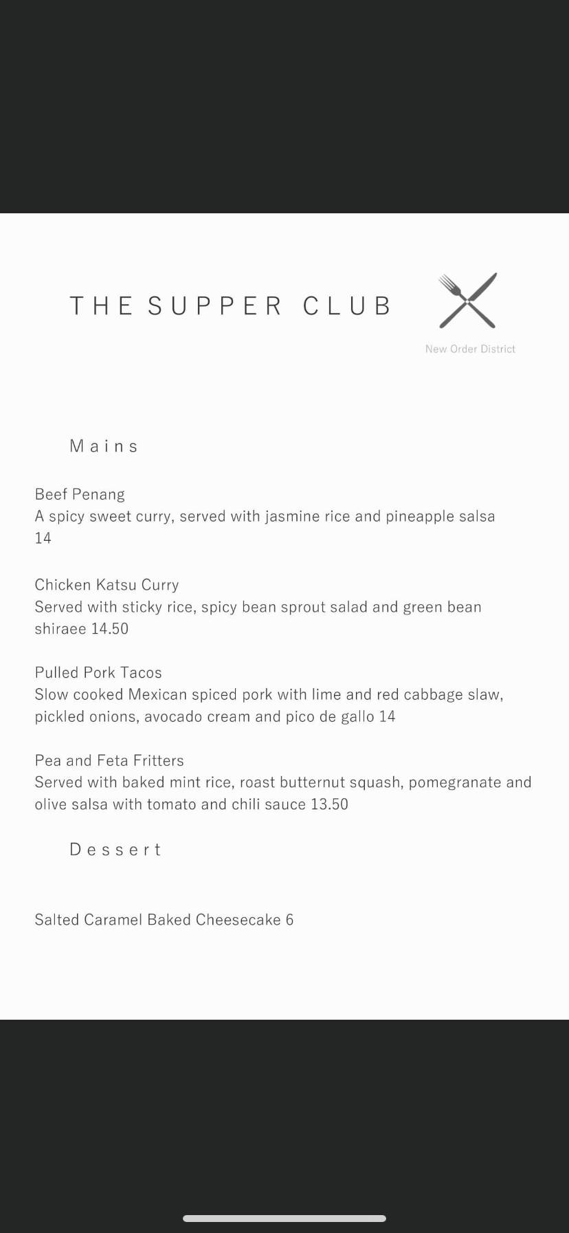 Menu at The Supper Club at New Order District, Birr