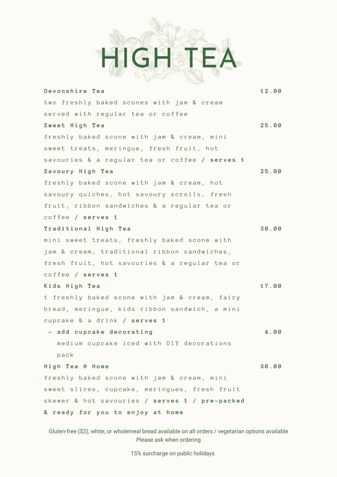 Menu at The Tea Trolley cafe, Ormiston