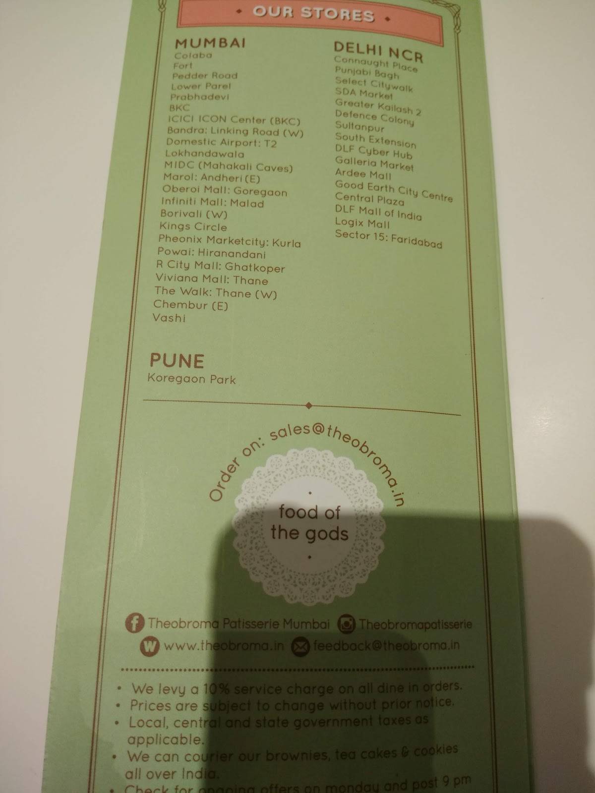 Menu at Theobroma Bakery and Cake Shop - Peddar Road, Mumbai, Mumbai ...