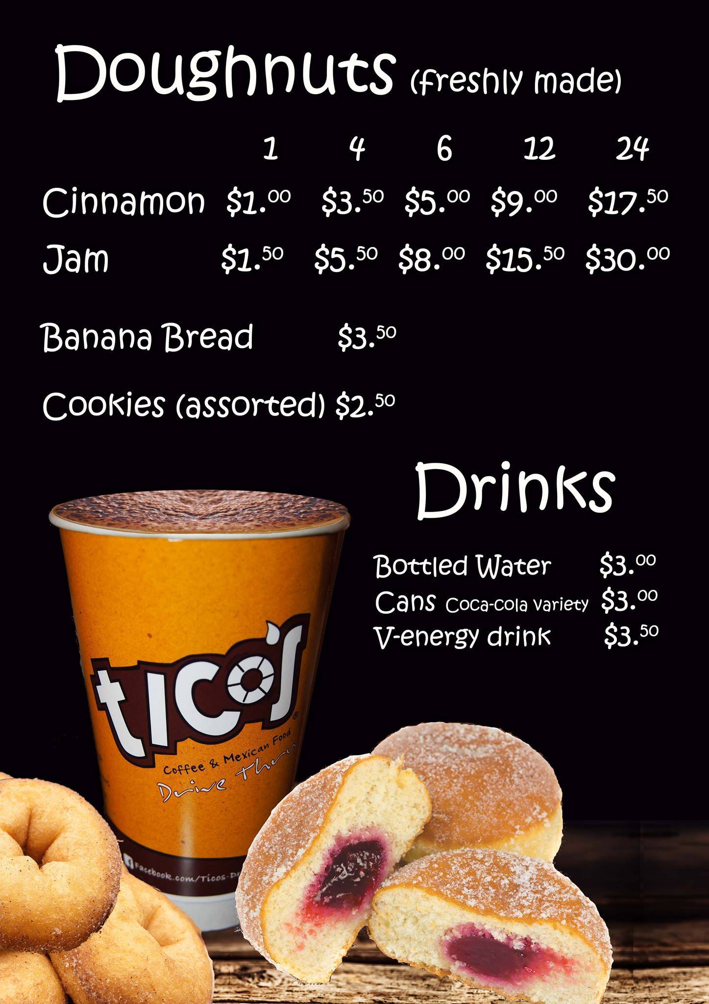 Menu at Tico’s Drive Thru cafe, Brooklyn