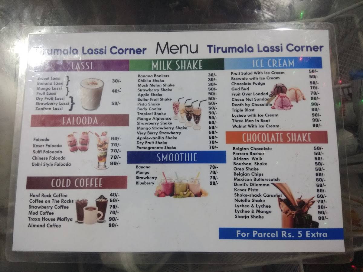 Menu at Tirumala Lassi Corner, Bengaluru