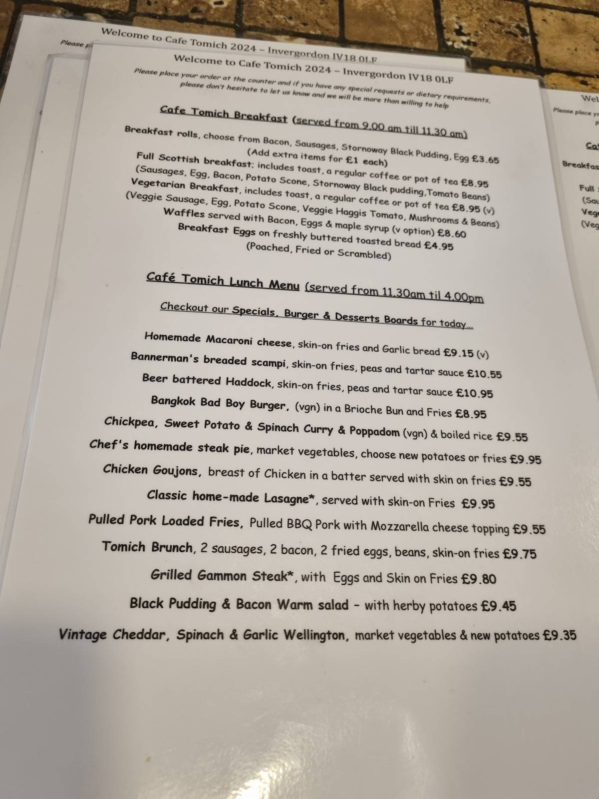 Menu at Cafe Tomich Limited, Invergordon