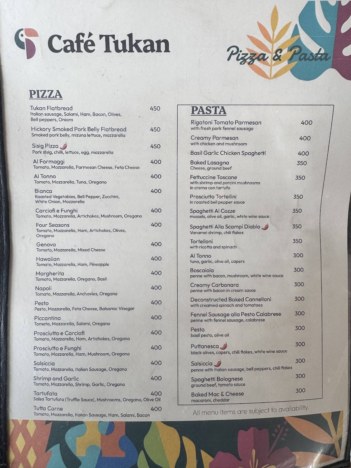 Menu at Café Tukan restaurant, Lucena, Isabang