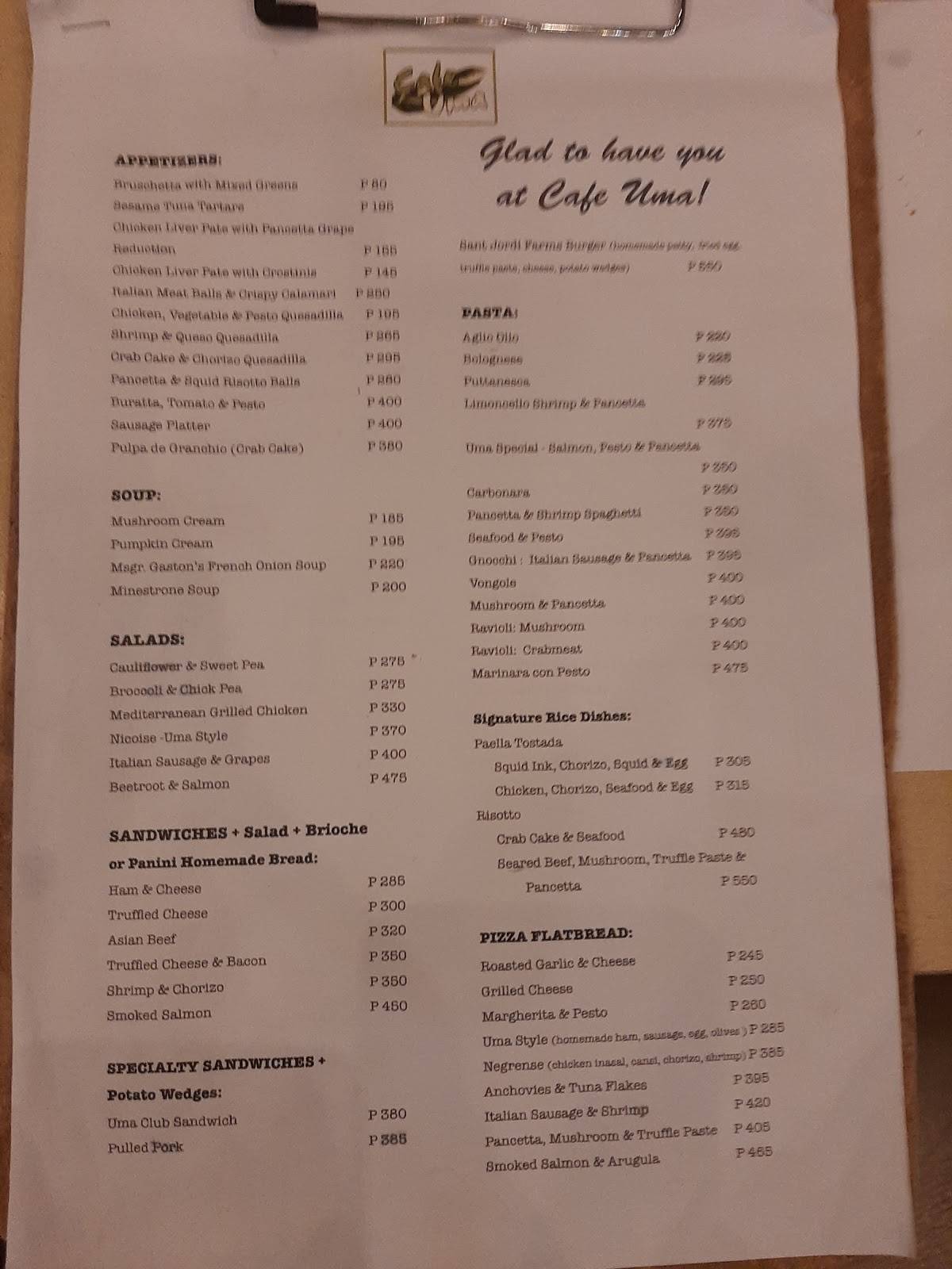 Menu at Cafe Uma, Bacolod, Paseo Verde