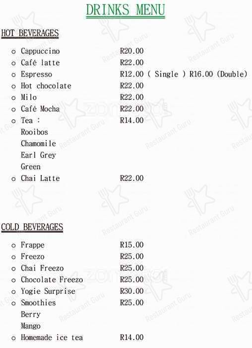 Menu at Under The Oak Tree cafe, Johannesburg