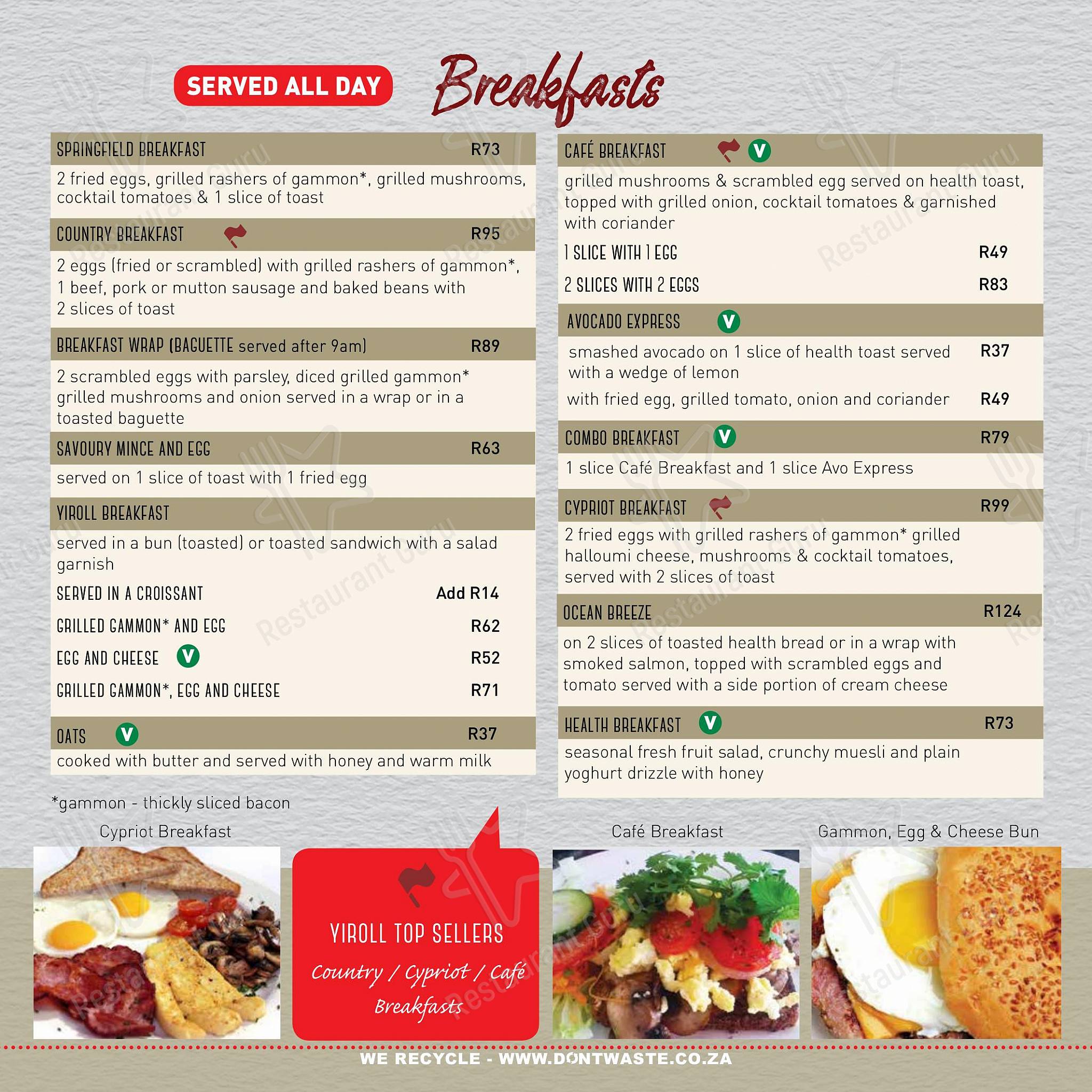 Menu at Yiroll Caffe'bake cafe, Durban